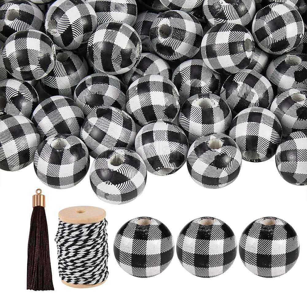 Wholesale 50Pcs Wooden Round Beads with Tartan Pattern - Pandahall.com