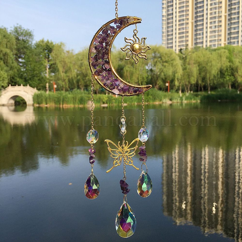 Wholesale Natural Amethyst Chip & Metal Moon Hanging Suncatchers ...