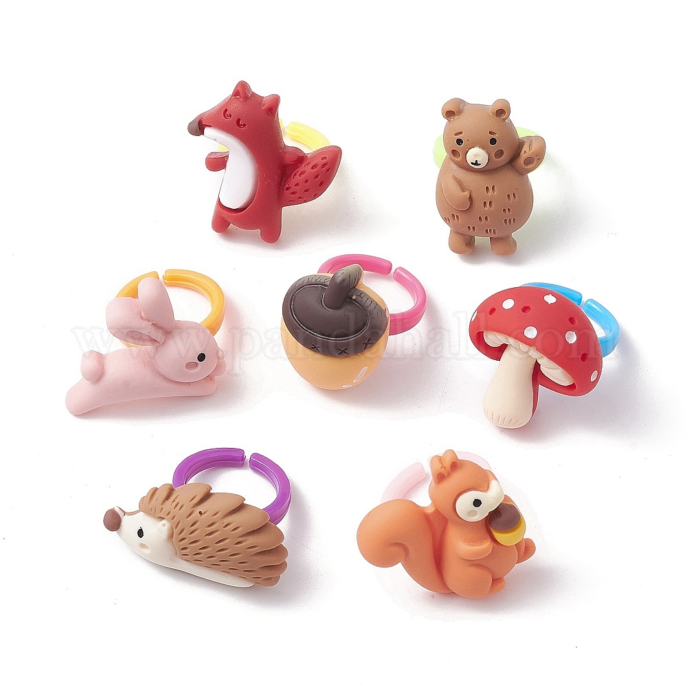 Wholesale 7Pcs 7 Style 3D Animals Resin Open Cuff Rings Set for Kids ...