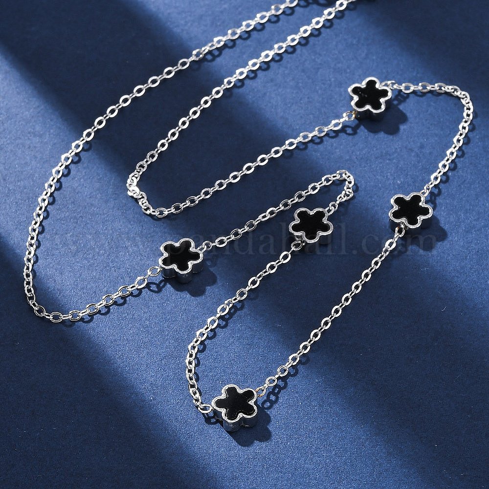 Wholesale 304 Stainless Steel & Imitation Black Shell Flower Link Chain Necklaces - Pandahall.com