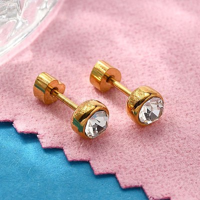 Ion Plating IP 304 Stainless Steel Stud Earrings with Rhinestone Real 14K Gold Plated Flat Round Crystal 5mm