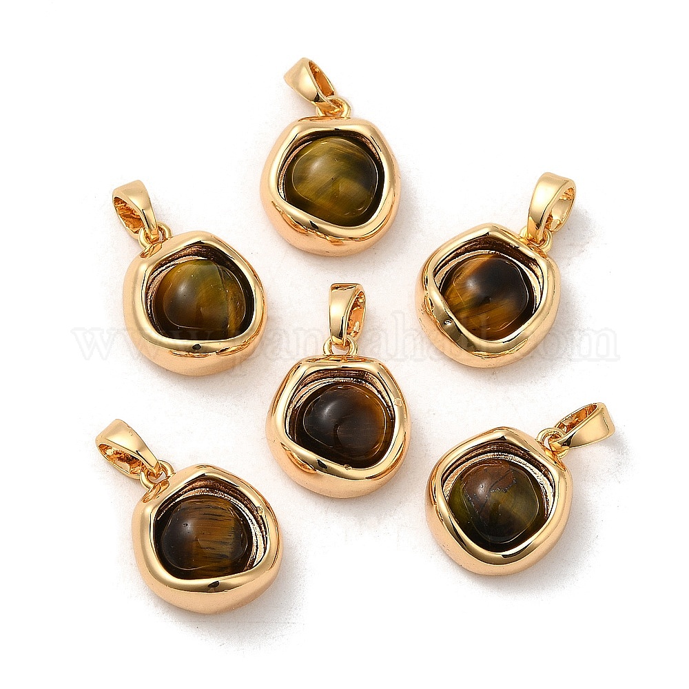 Wholesale Natural Tiger Eye Brass Flat Round Charms - Pandahall.com