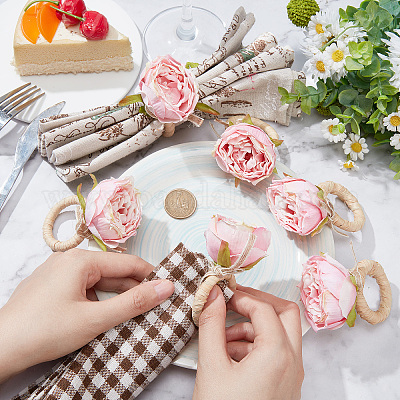 CRASPIRE Flower Napkin Rings Set of 6 Pink Artificial Napkin Rings Floral Napkin Holder Rings Burlap Cord Napkin Buckle Handmade Napkin Loop Bionic