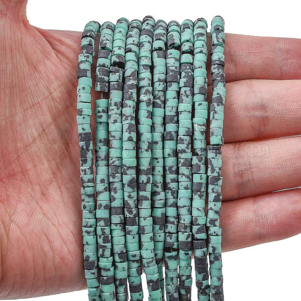 染め合成ターコイズビーズ連売り フラットラウンド/ディスク 艶消し ヒシビーズ ミディアムアクアマリン 4x2~2.5mm 穴：0.8~0.9mm 約161~164個/連 14.96''~15 ...