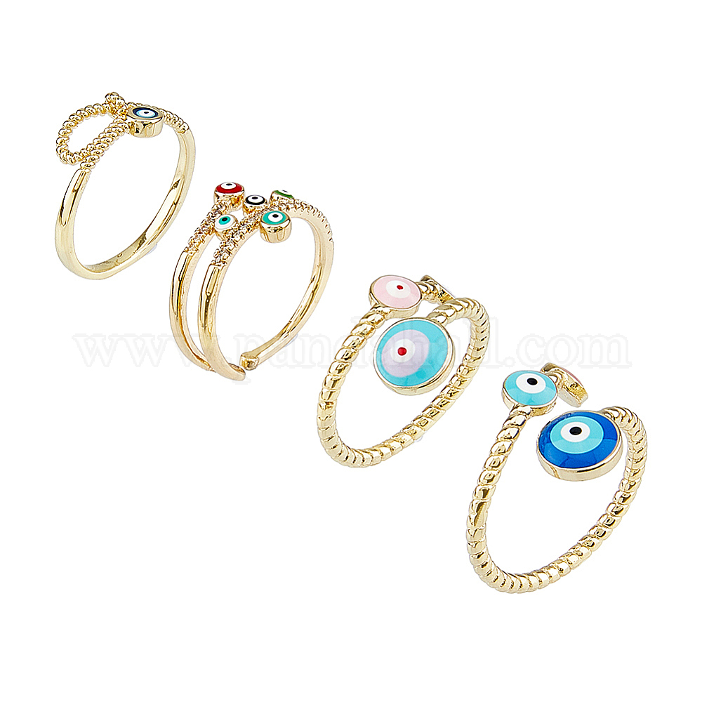 Wholesale 4Pcs 4 Styles Colorful Enamel Evil Eye Open Cuff Rings with ...