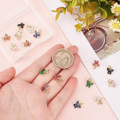 DICOSMETIC 16pcs 8 Colors Cubic Zirconia Charms Brass Butterfly Charm Pendants Golden Inlaid Crystal Dangle Charms with 5mm Jump