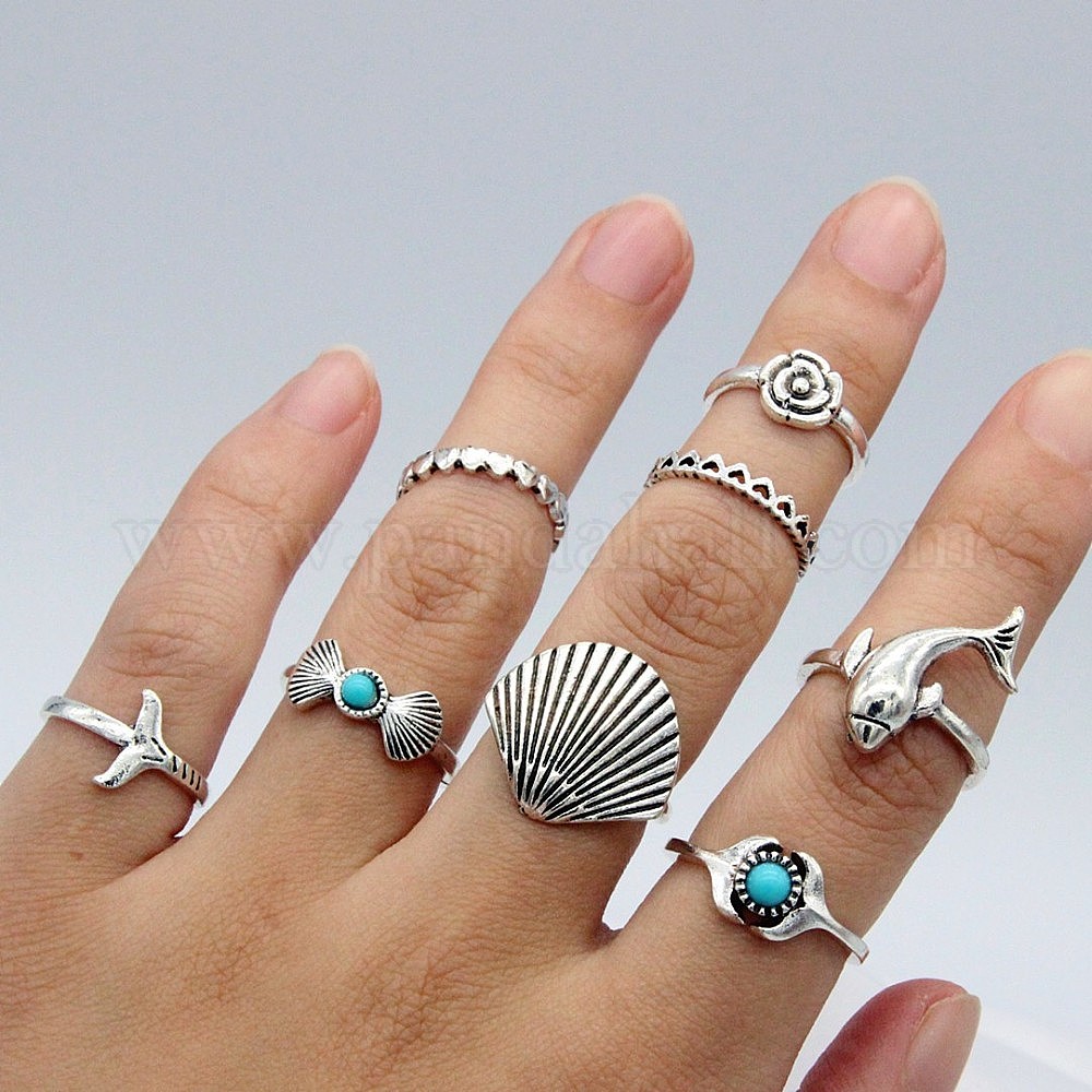 Wholesale 8Pcs Alloy with Synthetic Turquoise Finger Rings - Pandahall.com