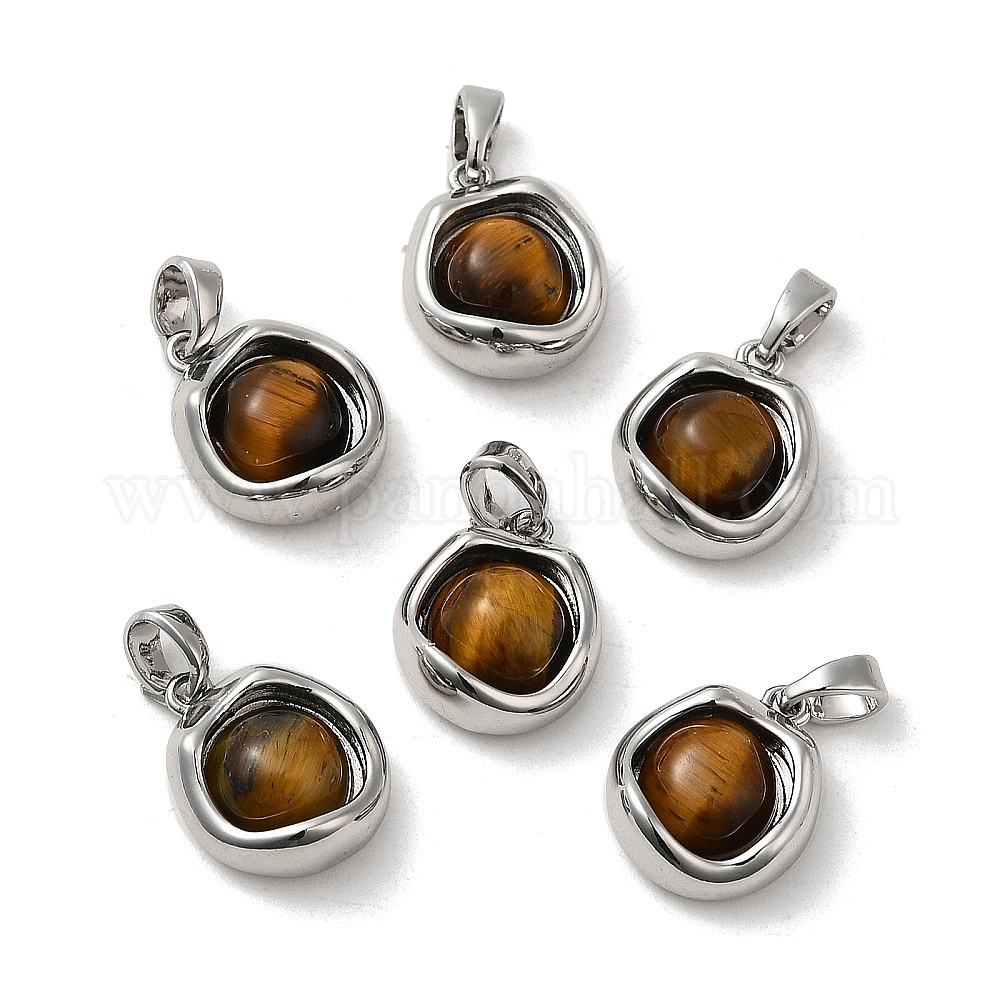 Wholesale Natural Tiger Eye Brass Flat Round Charms - Pandahall.com
