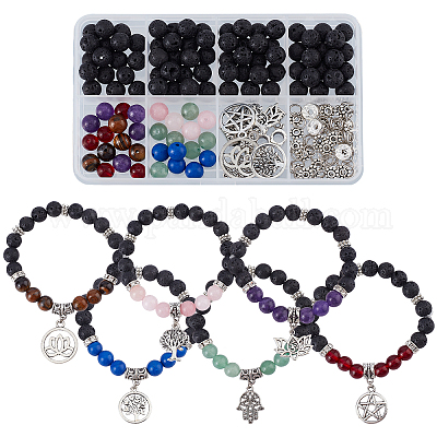 Wholesale SUNNYCLUE 1 Box DIY 8 Pcs Yoga Charms Tree of life Charms Bracelets Making Kit Hamsa Charm Lotus Flower Charms for jewellery Making Beading Bracelet Kit Adults Tiger Eye Round Beads