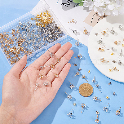 OLYCRAFT 120Pcs 4 Style Earring Studs with Loop Stud Earring Findings with Clear Cubic Zirconia Round Blank Stud Earring Gold and Silver Rhinestones